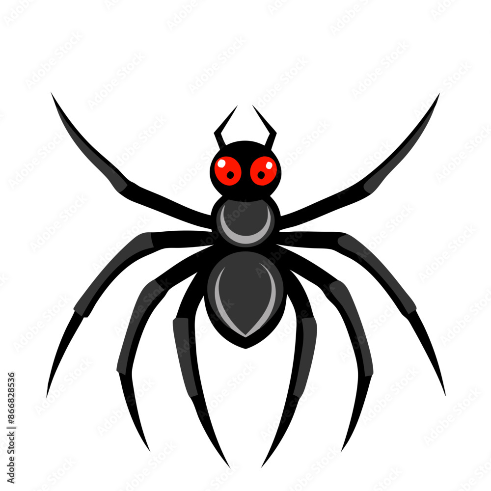 cartoon spider, glossy hourglass shaped black body, red eyes, elongated ...