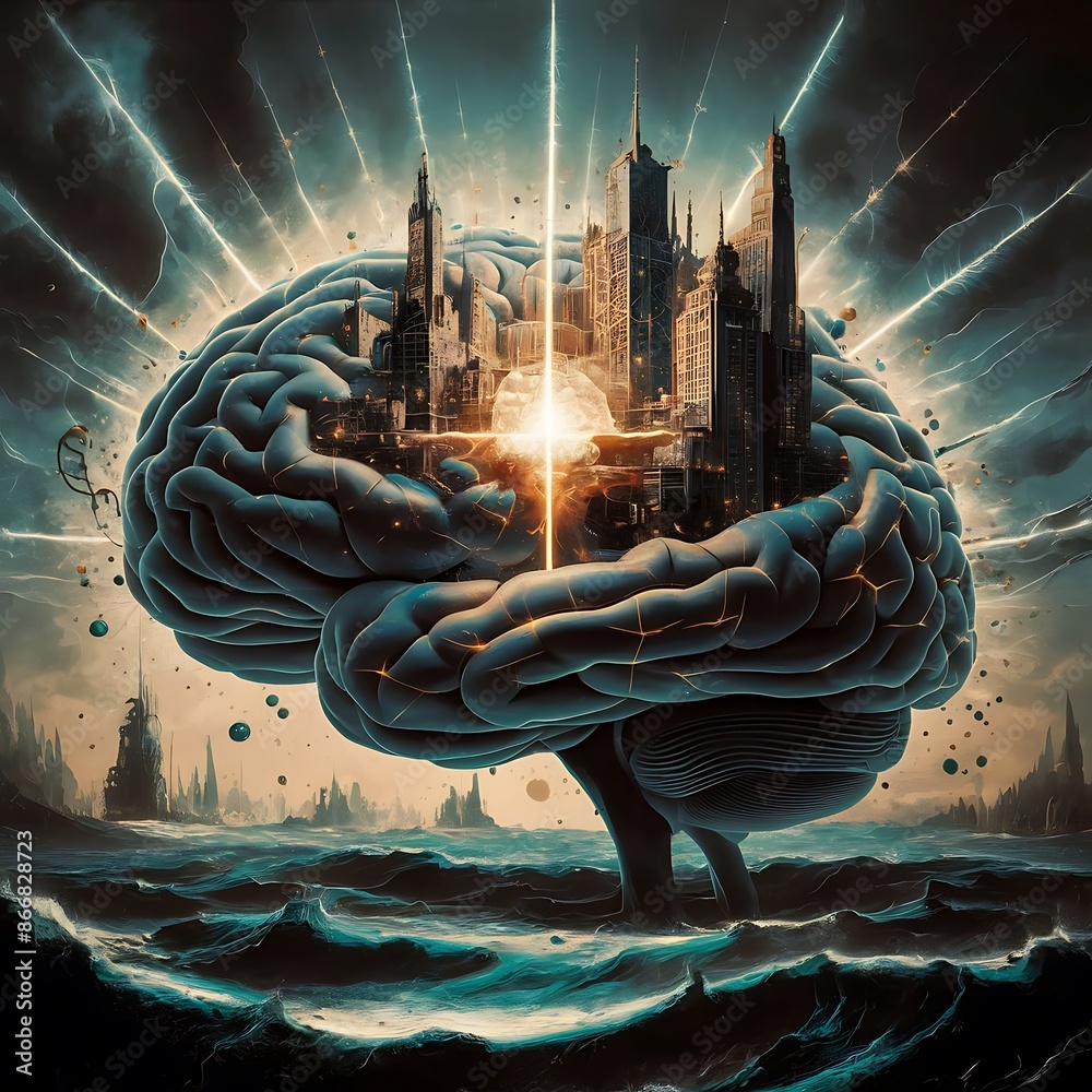 A human brain in concept art that is bursting with knowledge and ...