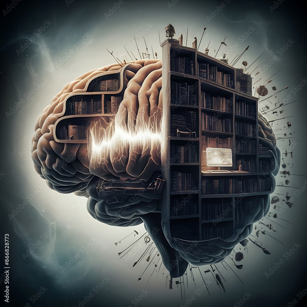 A human brain in concept art that is bursting with knowledge and ...