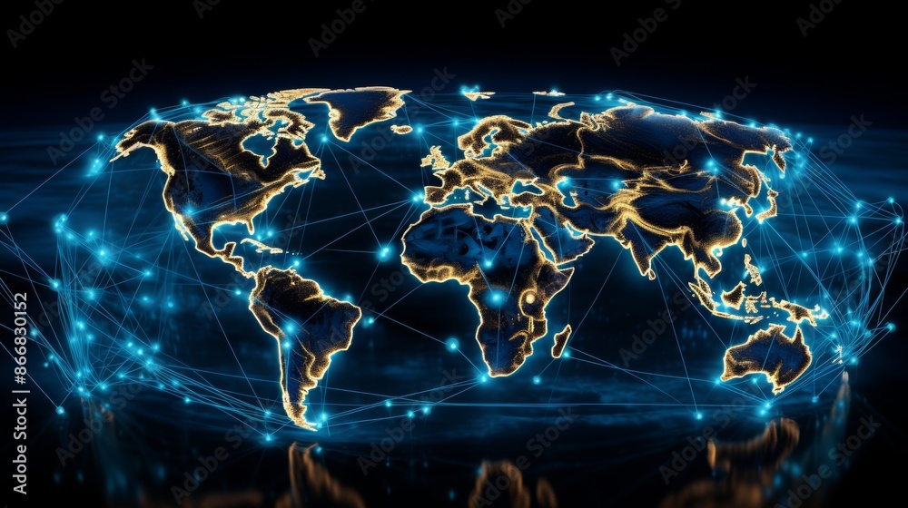 Global technology connections highlighted on political world map for ...