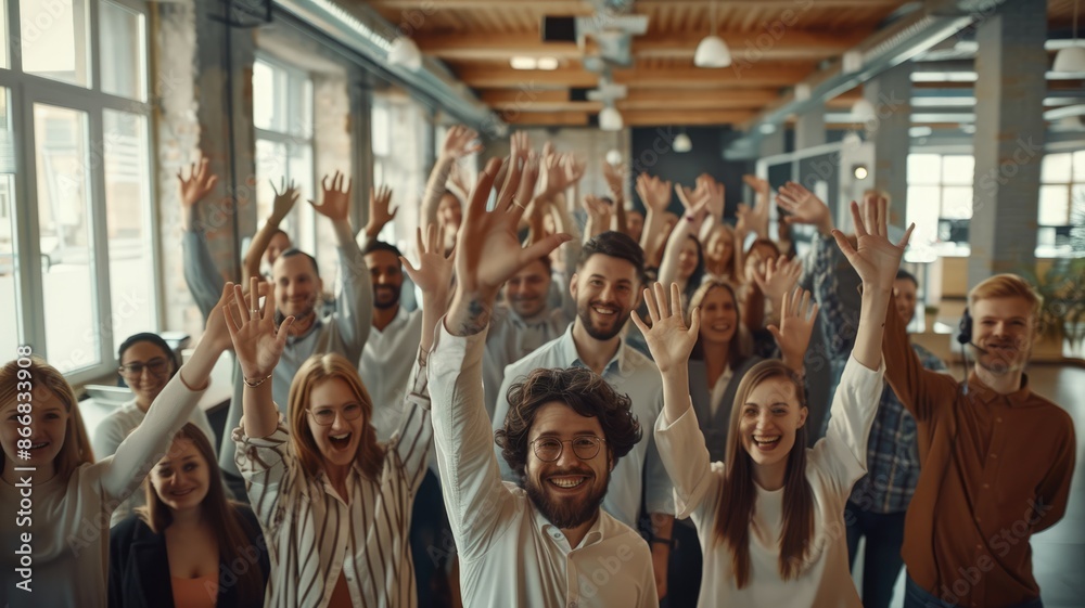Group of office worker raising hands up in the sky to celebrate ...