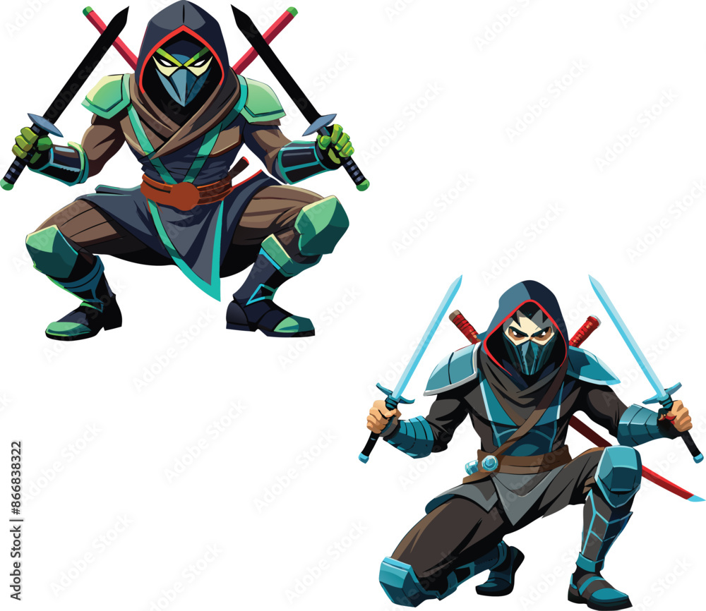 Powerful masked ninja warrior with swords crouching in attack position ...