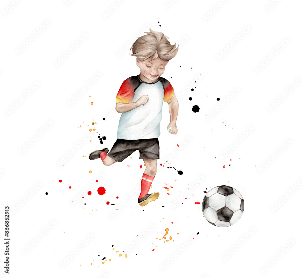 Football player young sportsman hand drawn with watercolor ball and red ...