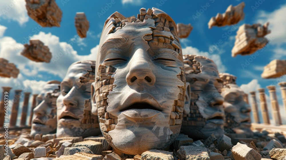 Crumbling Stone Faces, Large fragmented stone faces in ancient ruins ...