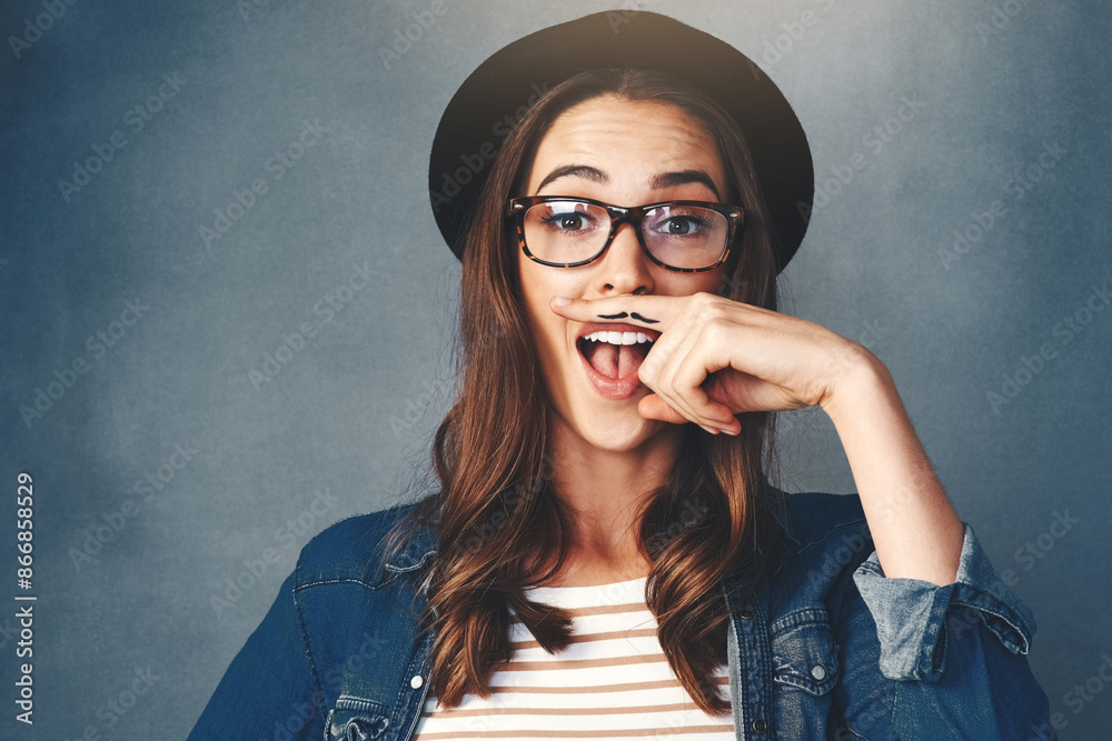 Surprised woman, portrait and funny face with finger mustache, hat or ...