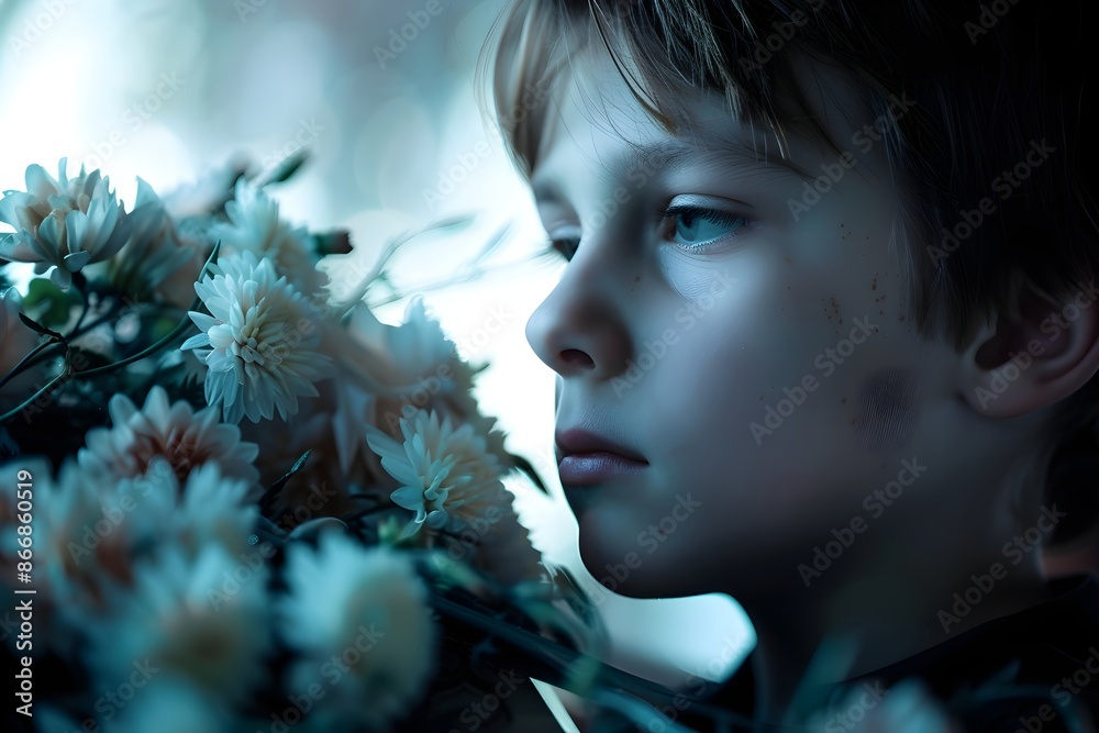 Sad child at funeral in graveyard. Coffin at cemetery for death ...