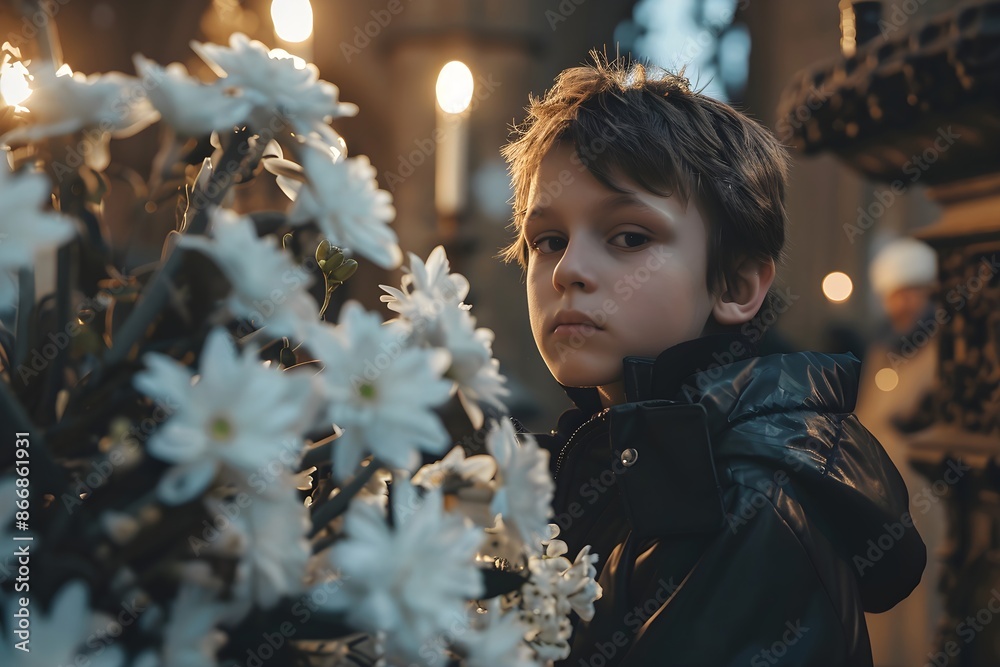 Sad child at funeral in graveyard. Coffin at cemetery for death ...