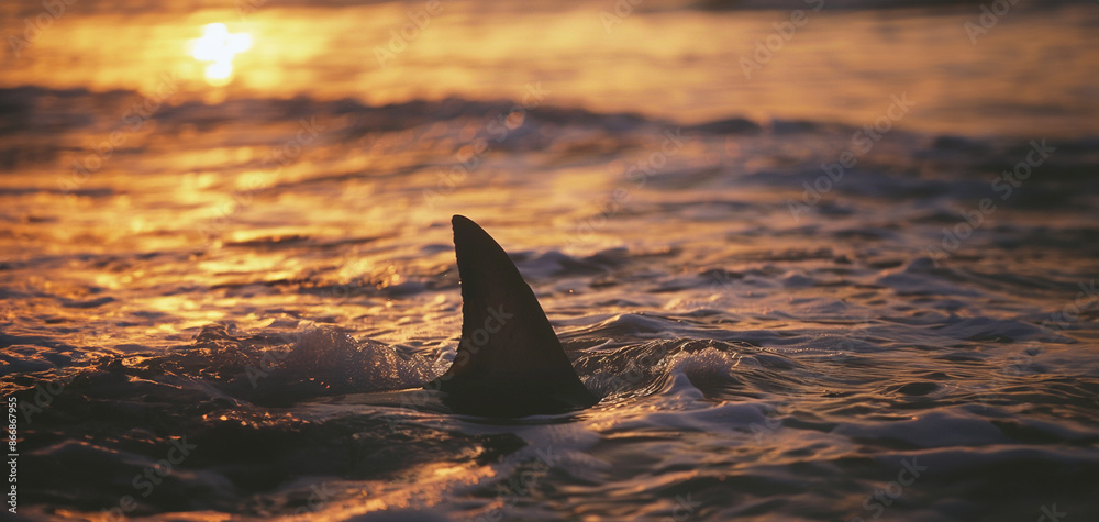 Shark fin sticking out of the ocean water during sunset Stock Photo ...