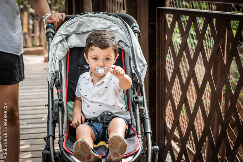A young toddler with short brown hair sits in a stroller, holding a ...