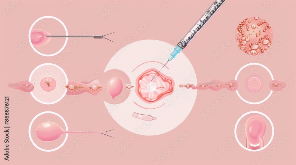 A series of images showing the steps of the IVF procedure, from egg ...