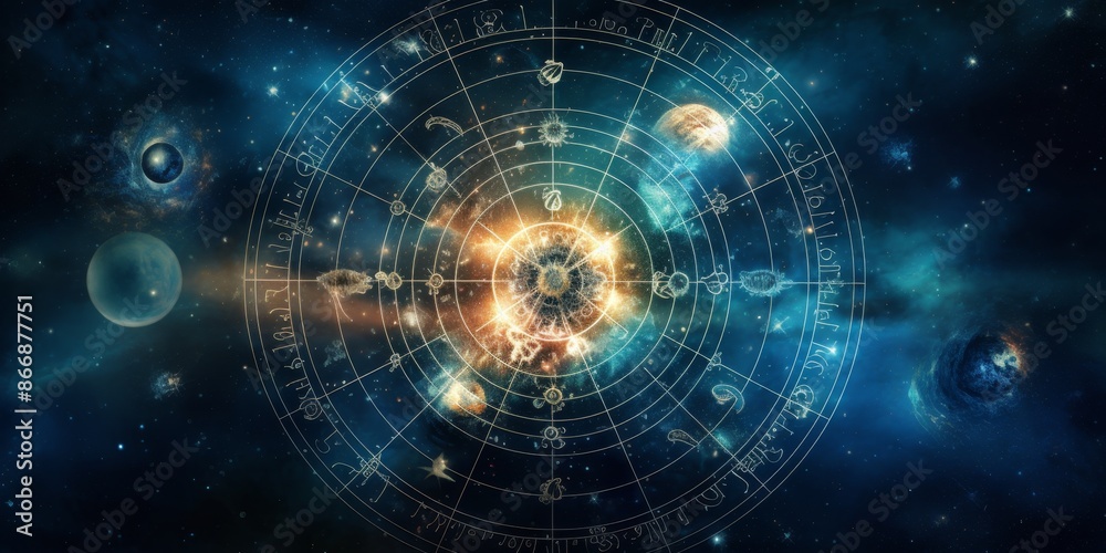 Cosmic Astrology Chart with Zodiac Signs over Nebulae in Space ...