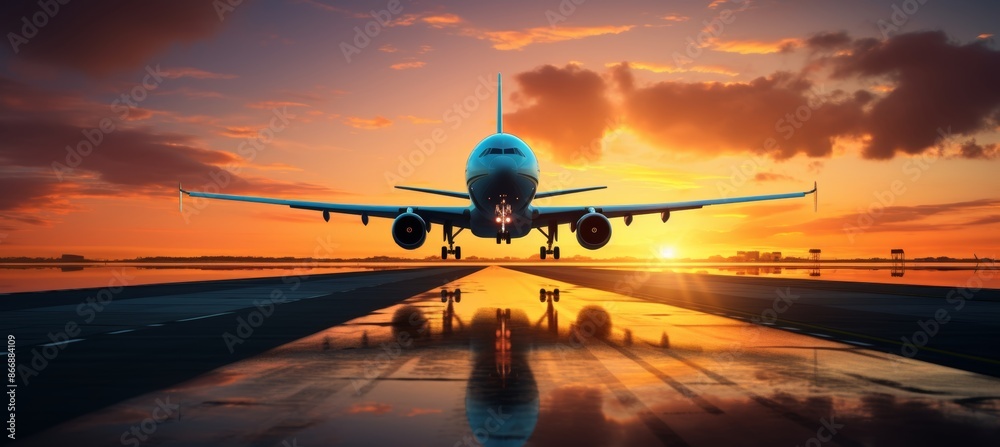 Large jet plane taking off at sunset or dawn from airport runway with ...