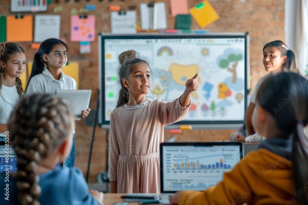 A modern classroom with students interacting with technology, including ...