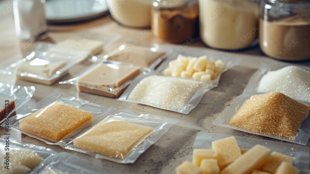 Different types of sugar substitute packets arranged on a kitchen ...