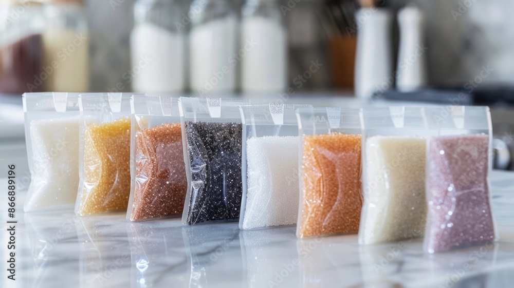 Different types of sugar substitute packets arranged on a kitchen ...