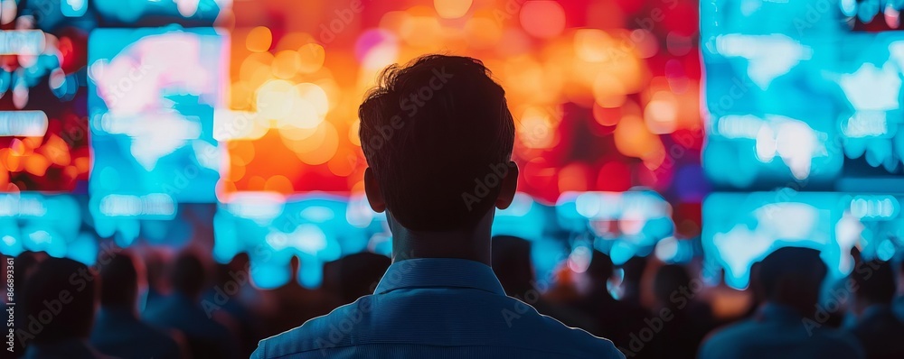 Professionals attending a business conference, watching a keynote ...