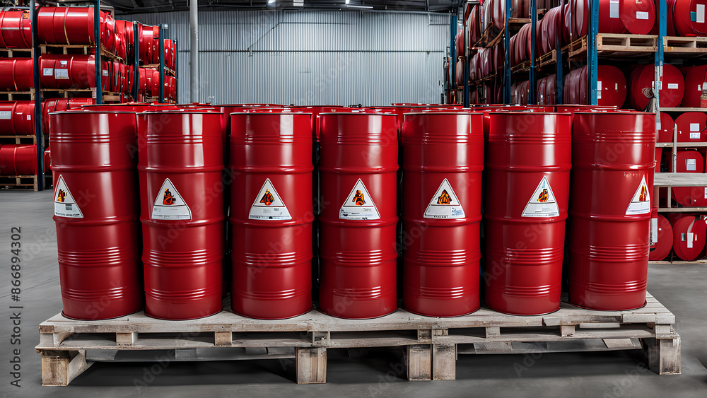 Caution! Red metal containers with flammable liquids on a warehouse ...