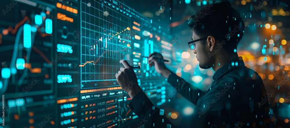 Foto de Futuristic scene of a data analyst interacting with holographic ...