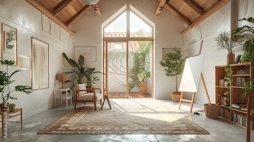 Interior view of a room in a rehabilitated house, the room has an easel ...