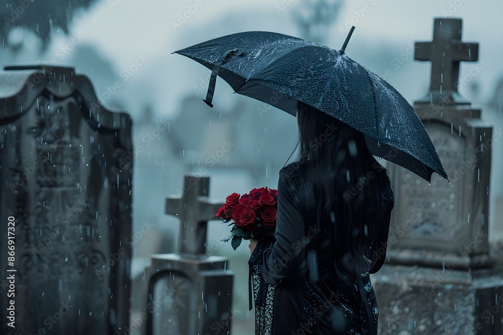 Sad woman grieving in cemetery in rainy day. Woman standing at ...