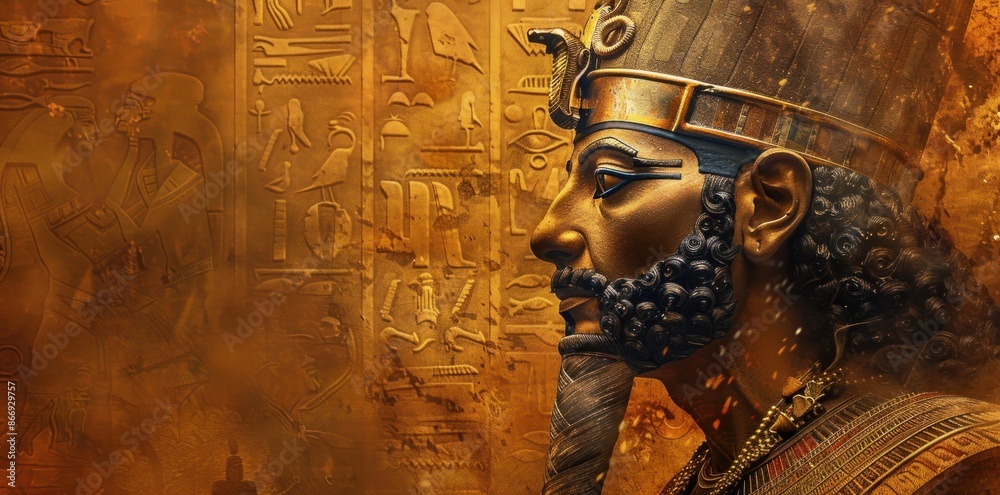 A man with a gold headdress on a gold background. Portrait of King Nebuchadnezzar a powerful ...