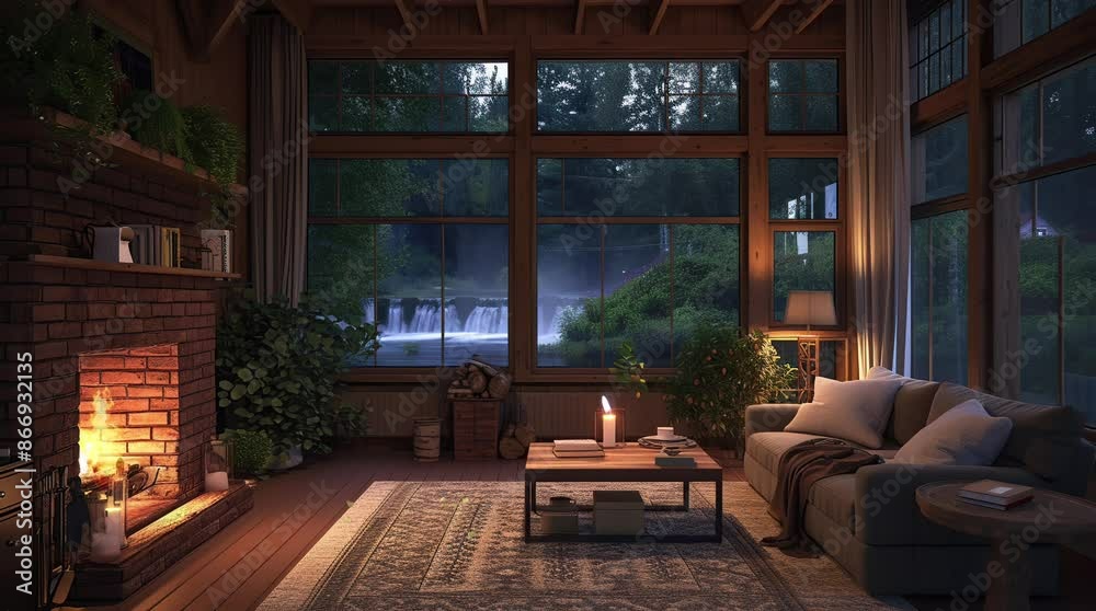 Room with sofa and window overlooking forest night landscape. Cozy ...