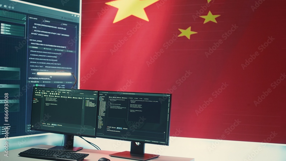 High tech surveillance room featuring a Chinese flag on big screen ...