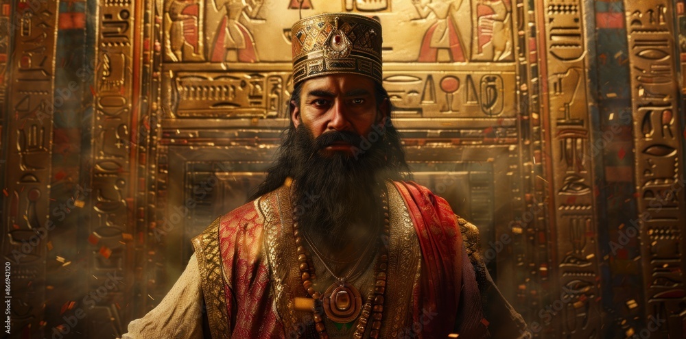 A man with a crown on his head stands in front of a wall. Portrait of King Nebuchadnezzar a ...