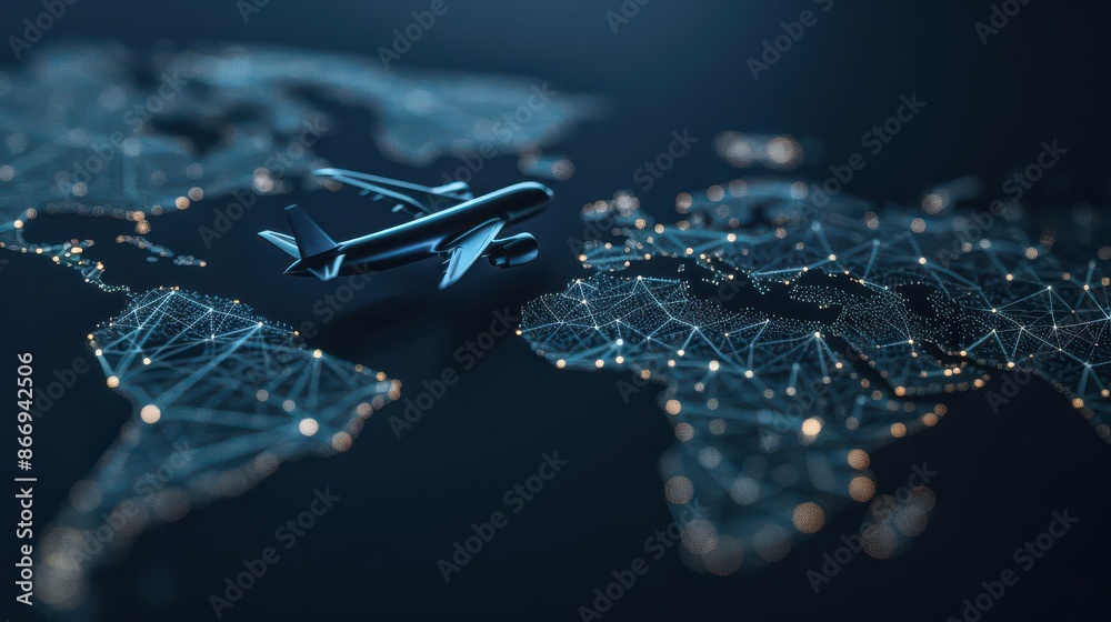 Glowing blue polygonal airplane and world map for global connectivity ...