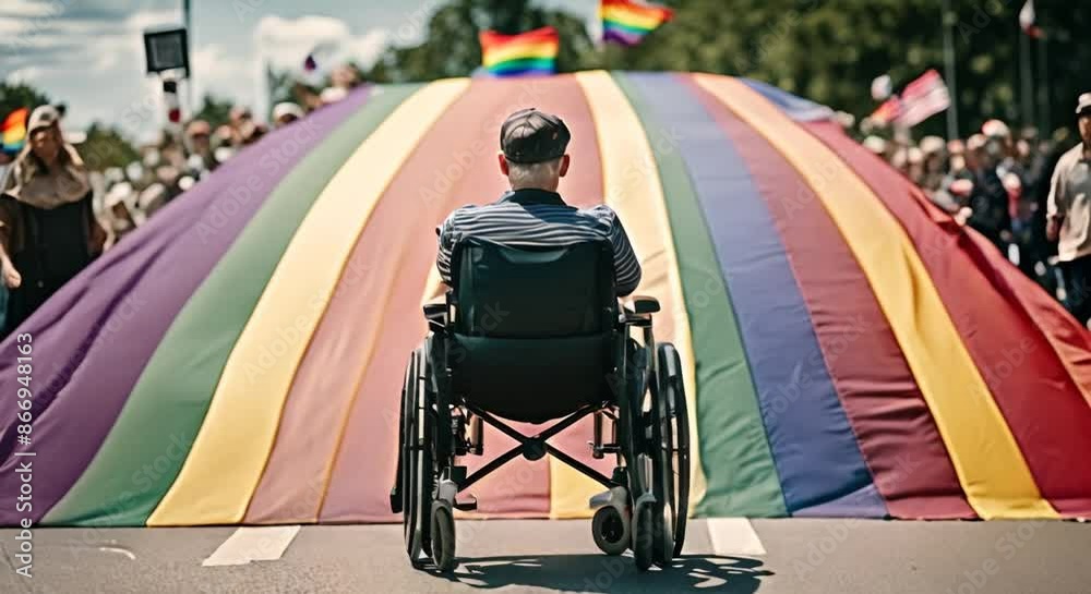 Back view disabled gay man in wheelchair with rainbow LGBTQ+ flag ...