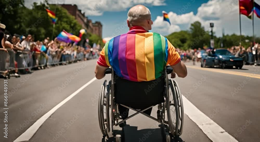 Back view disabled gay man in wheelchair with rainbow LGBTQ+ flag ...