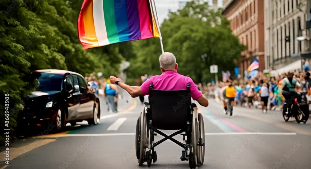 Back view disabled gay man in wheelchair with rainbow LGBTQ+ flag ...