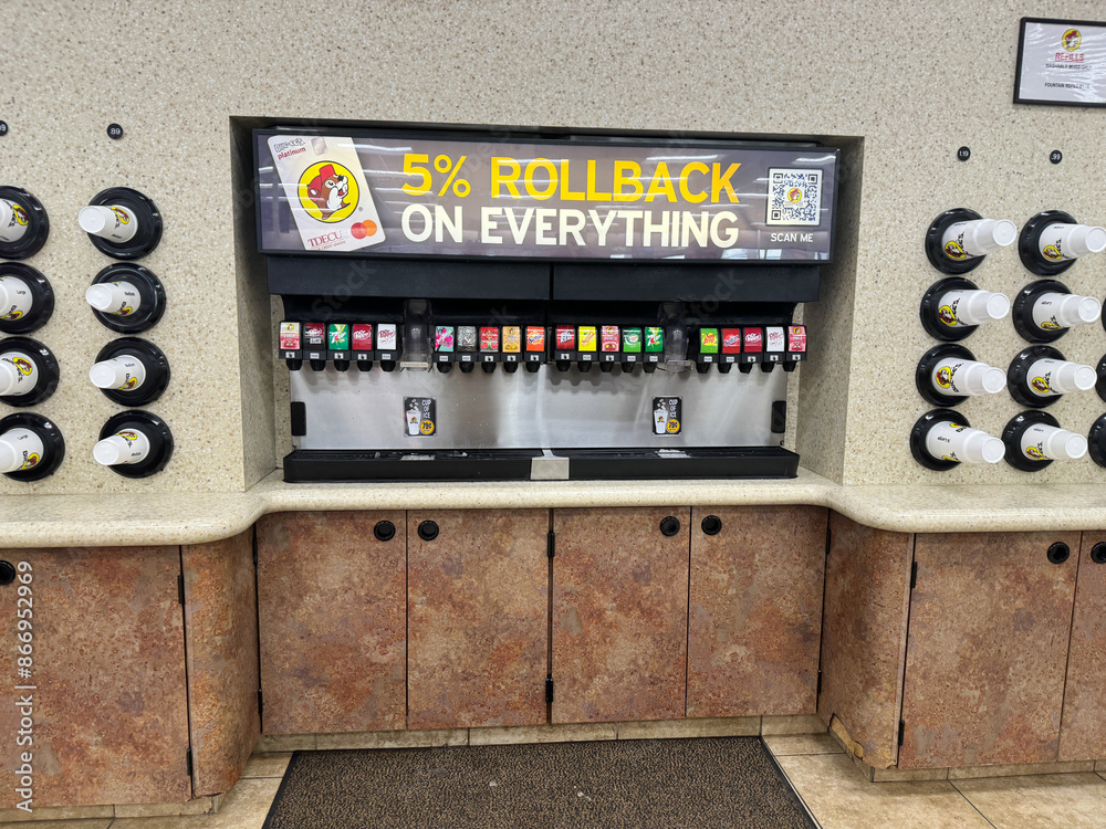 Temple, Texas - June 28, 2024: Self serve soda fountain station at a ...