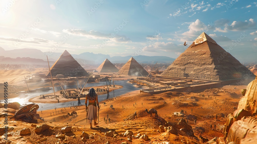 Majestic view of an ancient Egyptian Pharaoh overseeing the ...