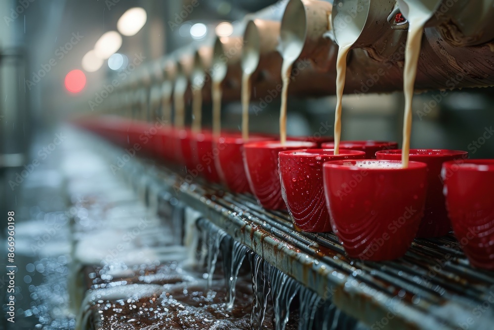 Red cups neatly aligned under a pipe flow smooth milky liquid in an ...