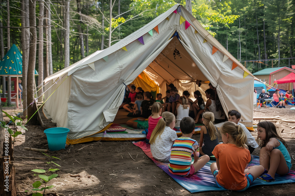 Kids sitting in a summer camp tent, taking a break from outdoor ...