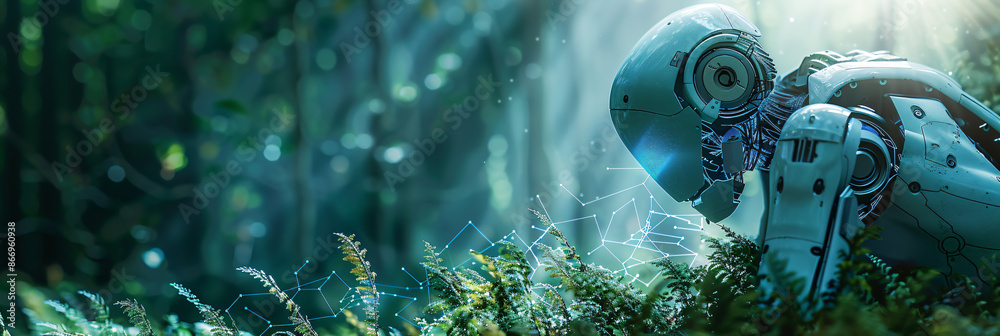 white glowing humanoid robot with blue eyes crawling hiding face, with ...