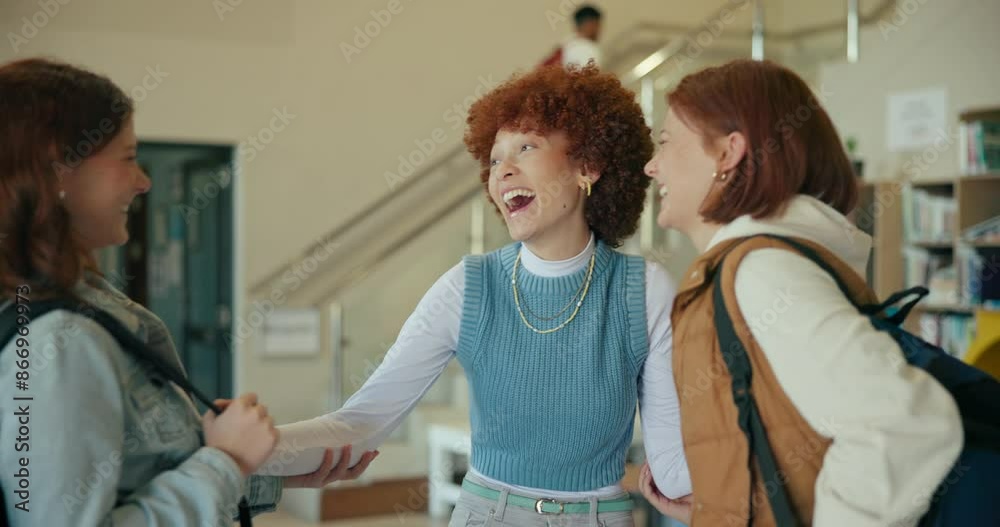 High school, students and happy girls hug for meeting, greeting and ...