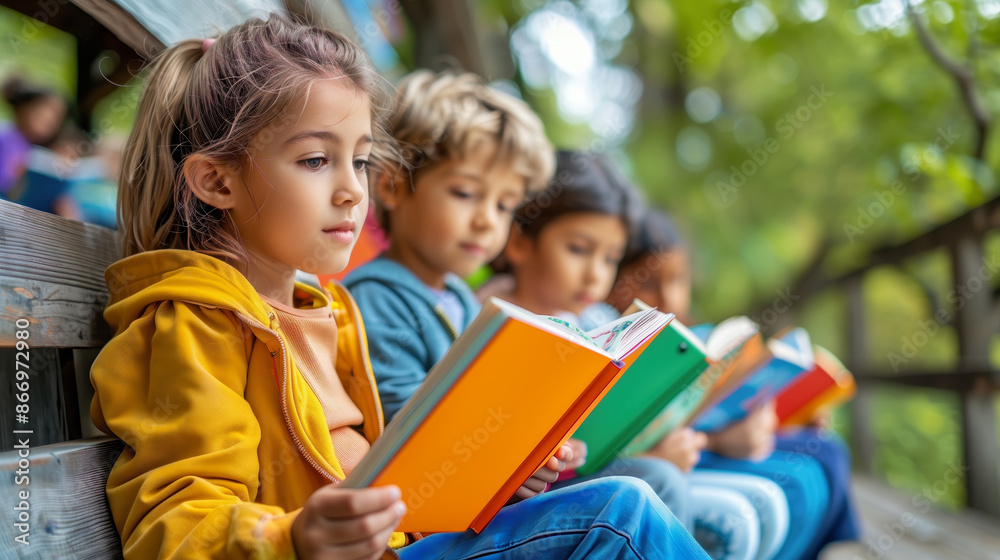 National Book Lovers Day. Children reading books at park. Children ...