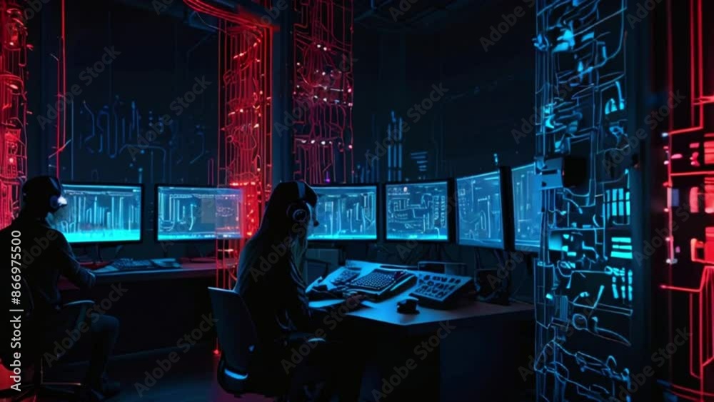 A dark room with a person in a black hoodie working at a computer ...
