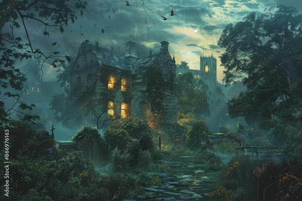 Spooky gothic manor house with glowing windows in a graveyard next to a ...