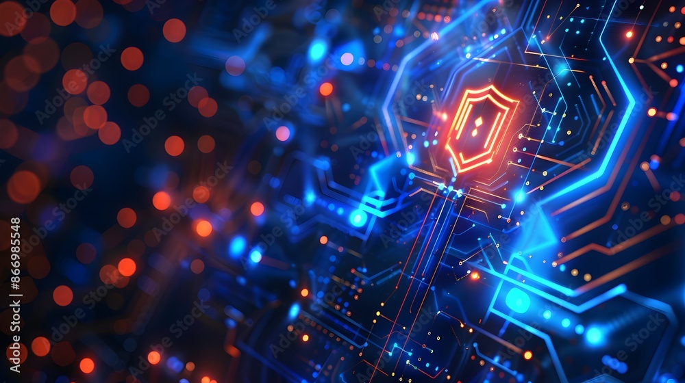 Abstract technology circuit board background with shield symbols ...