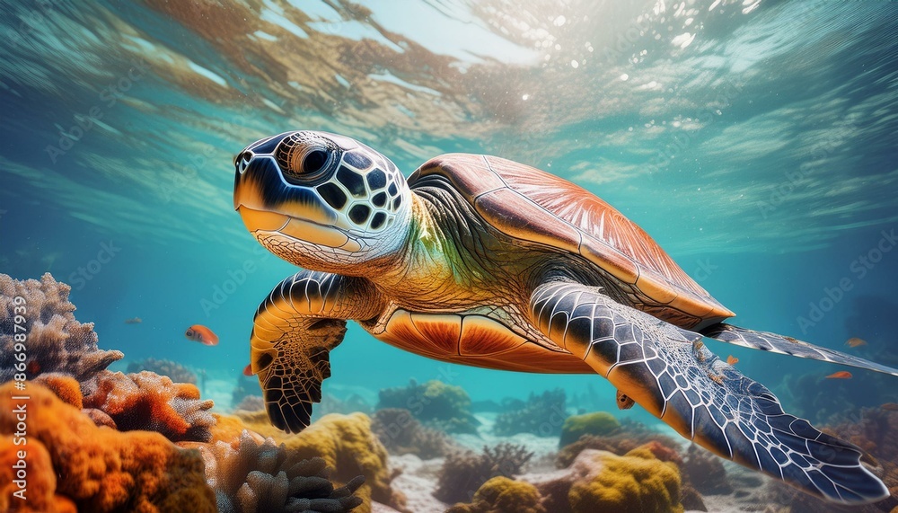 A captivating underwater view of a sea turtle navigating through gentle ...