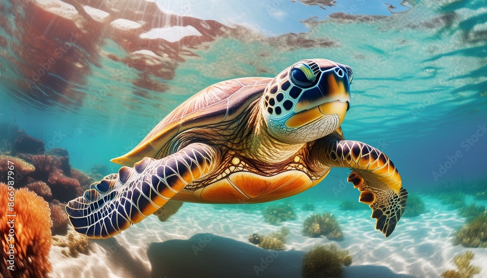 A captivating underwater view of a sea turtle navigating through gentle ...