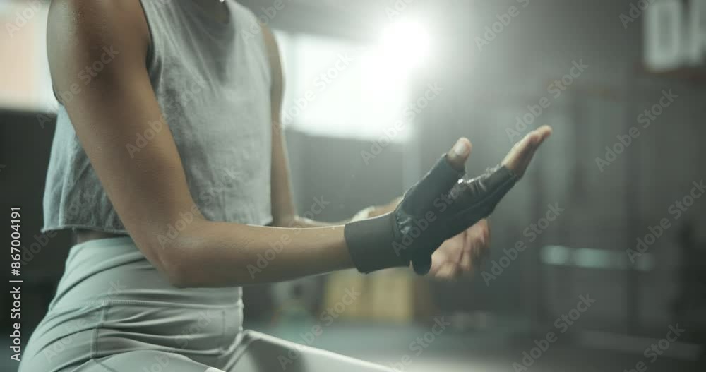 Gym, hands and person with gloves for workout, injury prevention and ...