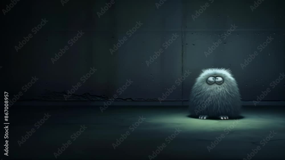 Small, round ghost-like creature illuminated by eerie spotlight in dark ...