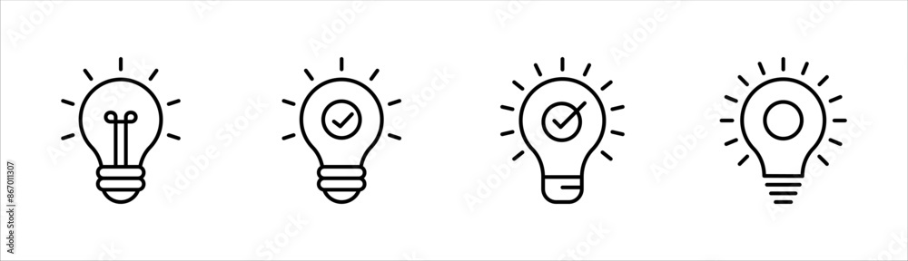black bulb with checkmark like quick tip icon set, flat stroke linear ...