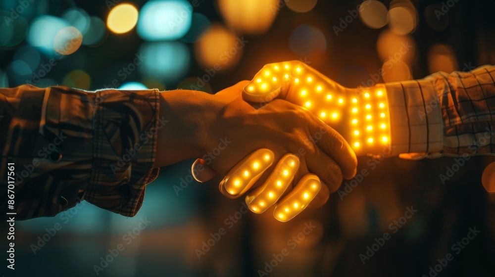 Foto de A traditional handshake merging with a digital handshake emoji ...