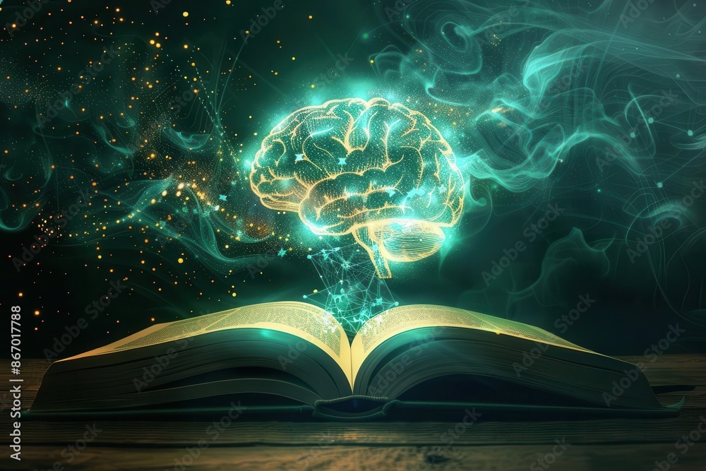 conceptual education illustration glowing brain with interlocking gears floating above open book ...