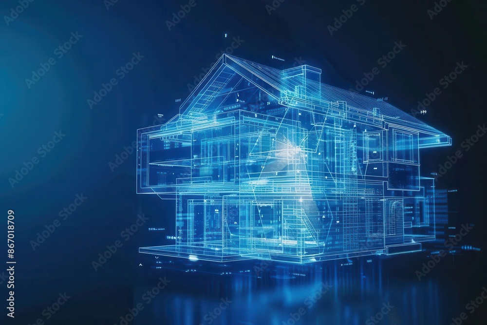 futuristic 3d holographic house blueprint floating in midair showcasing ...
